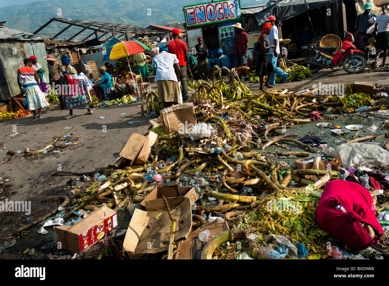 Piles of vegetable garbage lie on the floor in the La Saline market ...