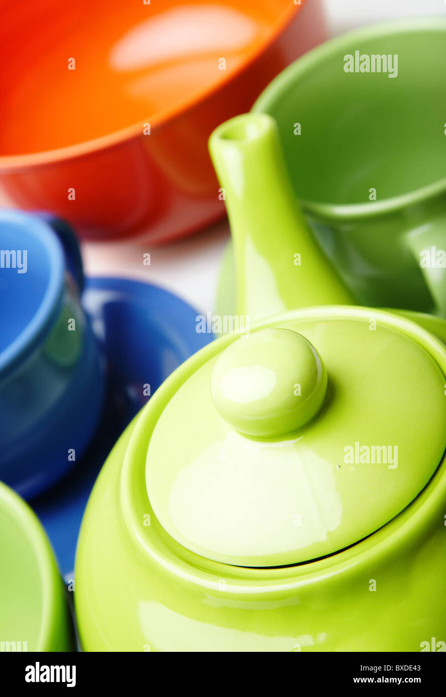 Close-up photo of the teapot and teacups. Natural saturated colors ...