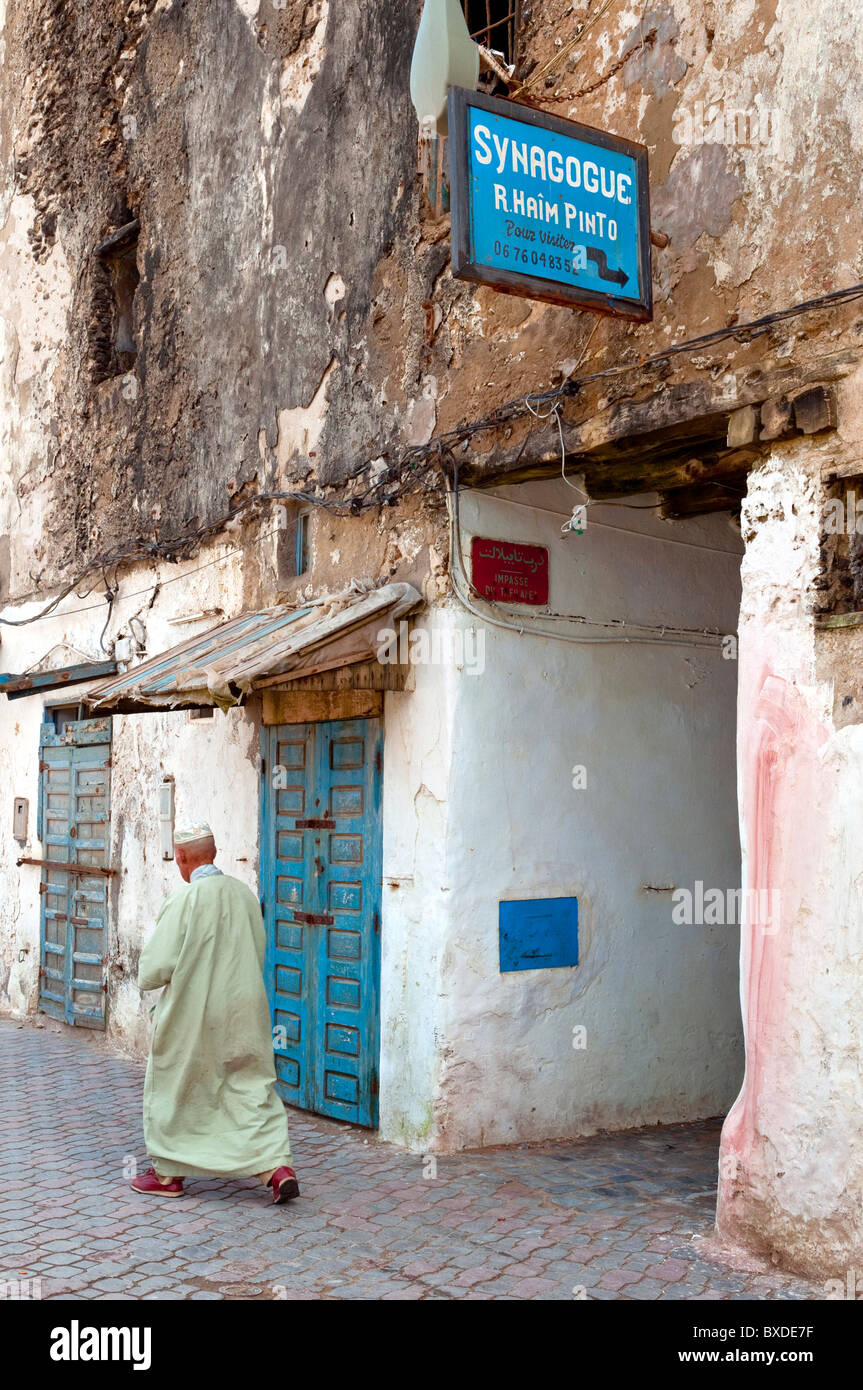 A Jewish synagogue sign above a doorway in the Medina of Essaouira ...