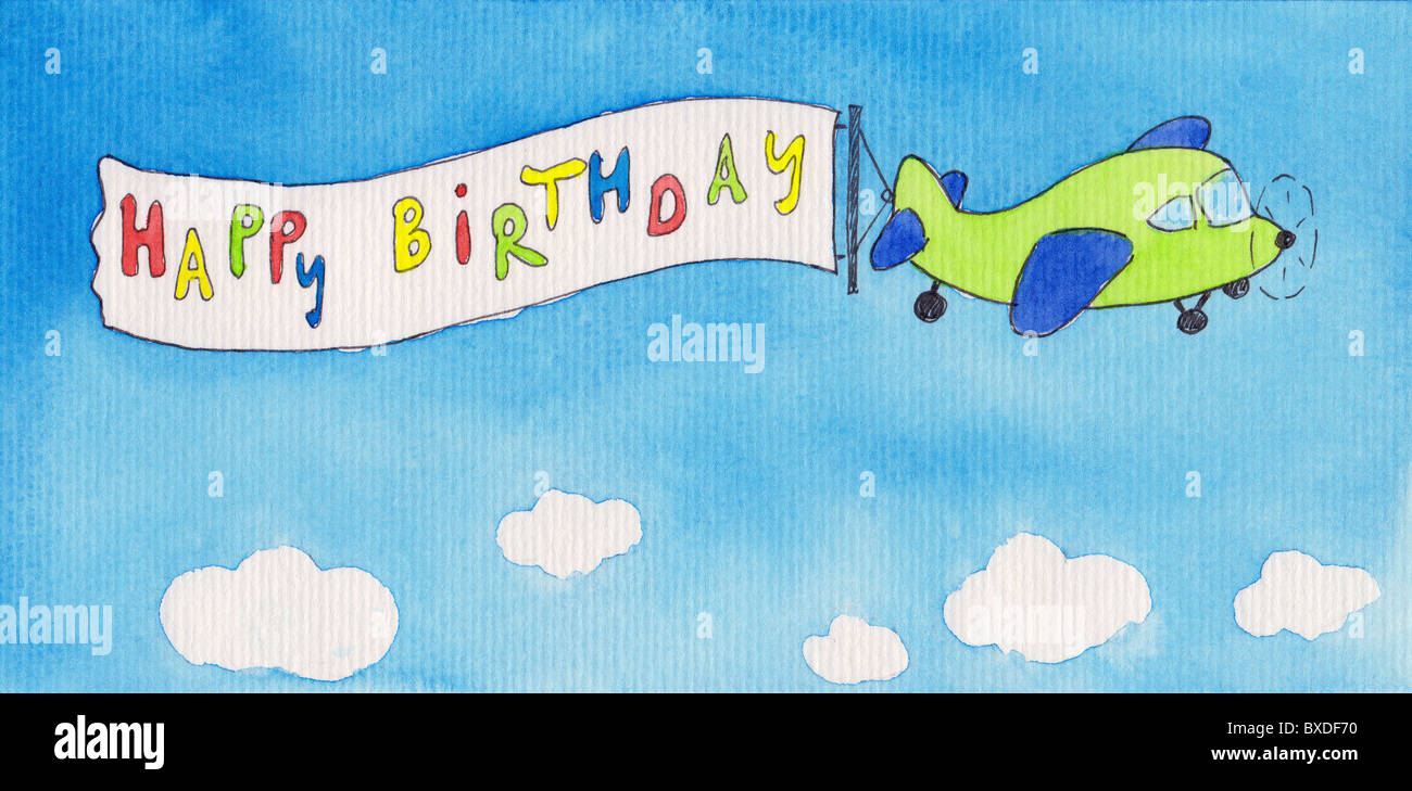 Airplane pulling happy birthday banner Stock Photo - Alamy