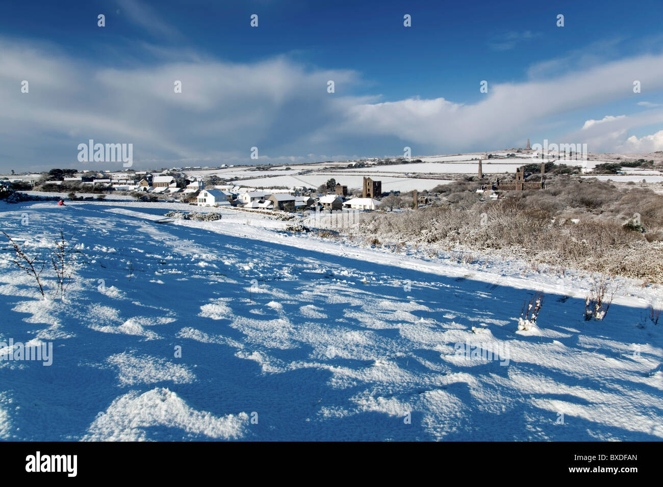 Carnkie; Cornwall in Snow; engine houses Stock Photo - Alamy
