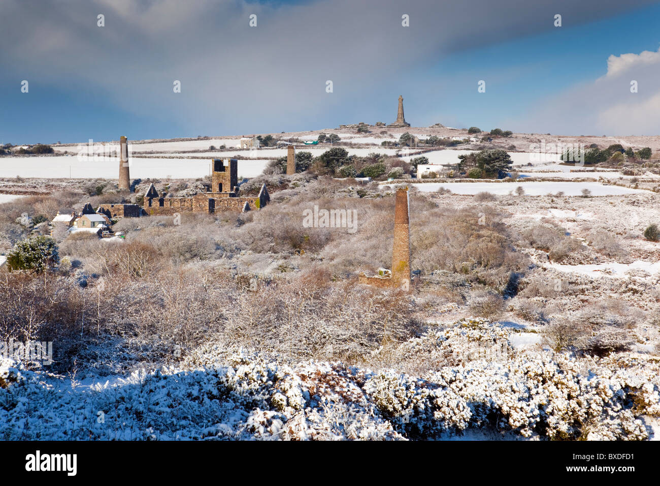 Carnkie; Cornwall in Snow; engine houses; Carn Brea Stock Photo - Alamy
