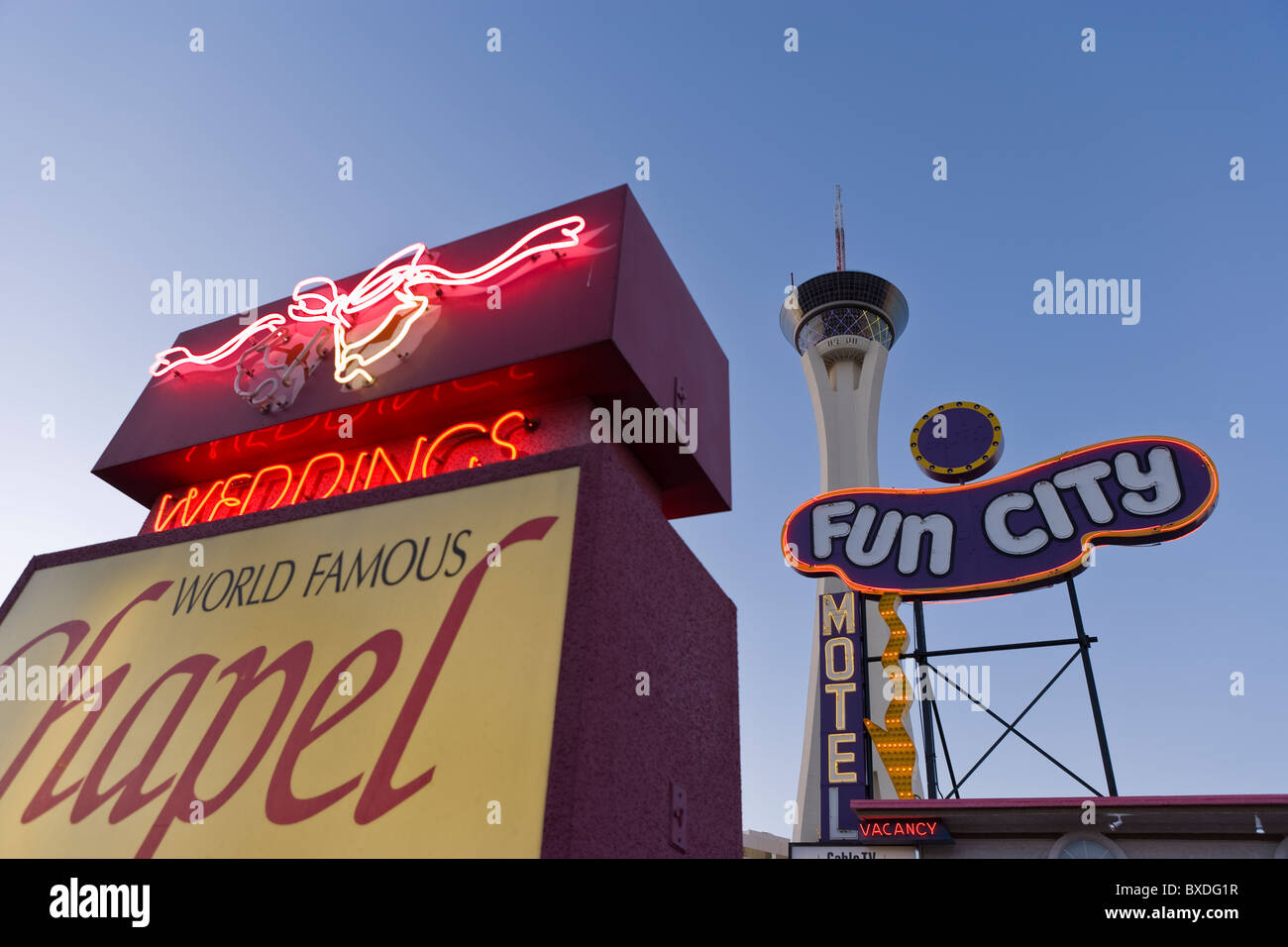 Stratosphere hotel and neon signs, Las Vegas, Nevada, USA Stock Photo ...