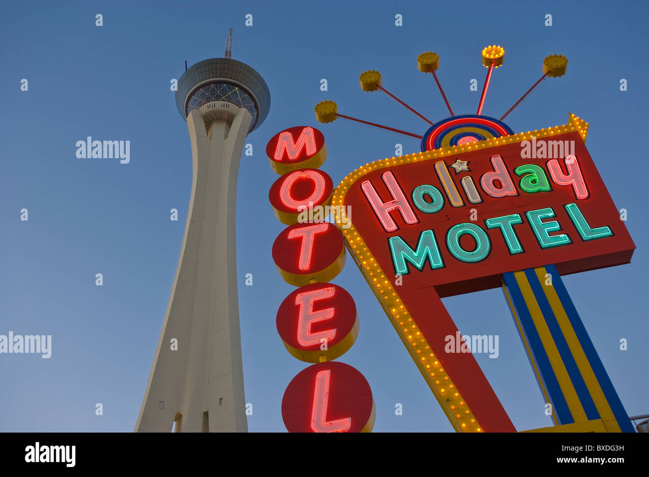 Stratosphere hotel and neon signs, Las Vegas, Nevada, USA Stock Photo ...