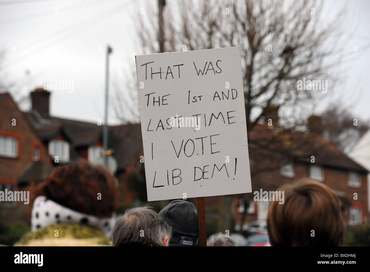 Anti Lib Dem placard during on display during a protest march about the ...