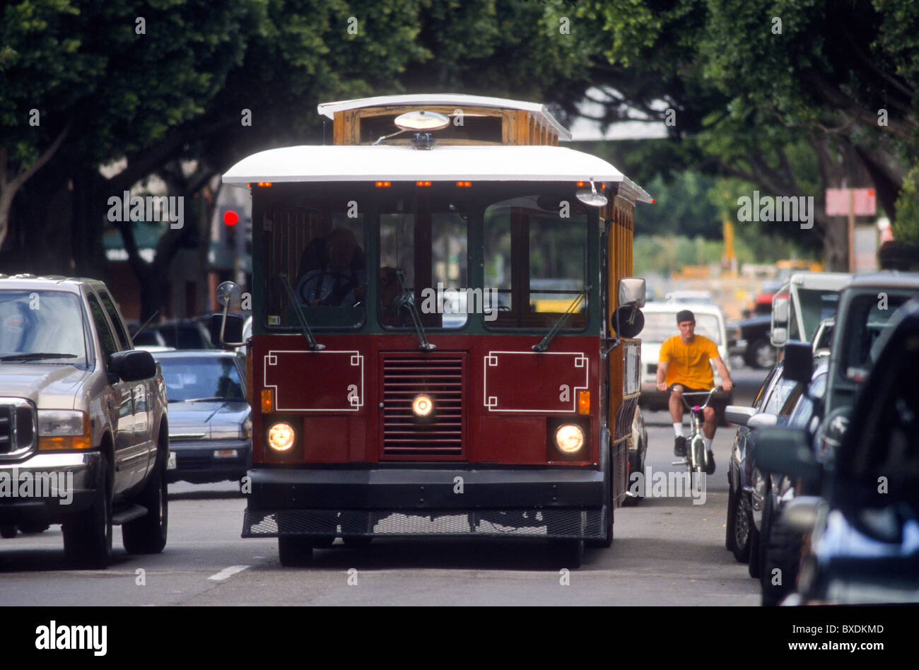 A shuttle trolley travels in downtown San Luis Obispo, CA Stock Photo ...