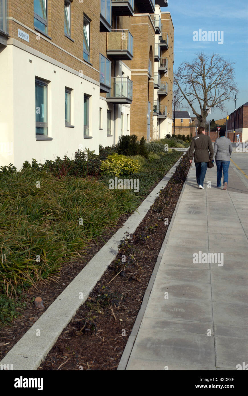 Landscaping surrounding a modern development at Royal Arsenal South ...