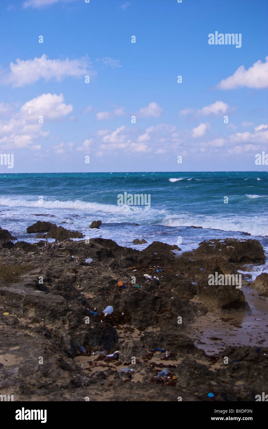 Trash scattered on a beautiful rocky beach in Jamaica Stock Photo - Alamy