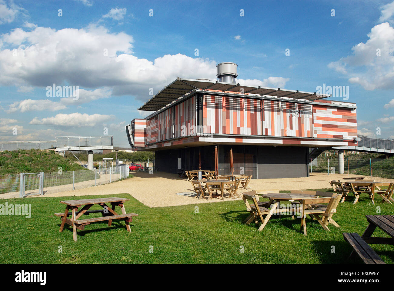 Eco-friendly architecture at RSPB centre Rainham Marshes Essex UK Stock ...