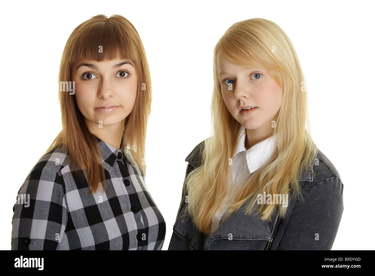 Two girls - friends isolated on white background Stock Photo - Alamy