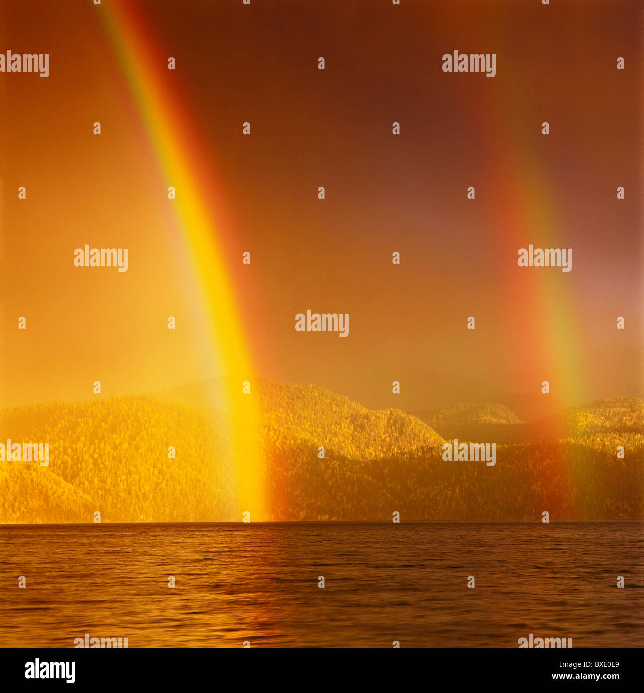 Rainbow over Teletskoye Lake. The Altai Mountains, Siberia, Russia ...
