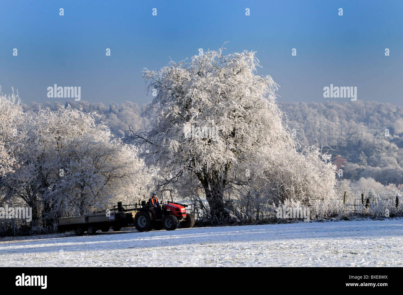 Farmer taking tractor and trailer out in the frost Stock Photo - Alamy
