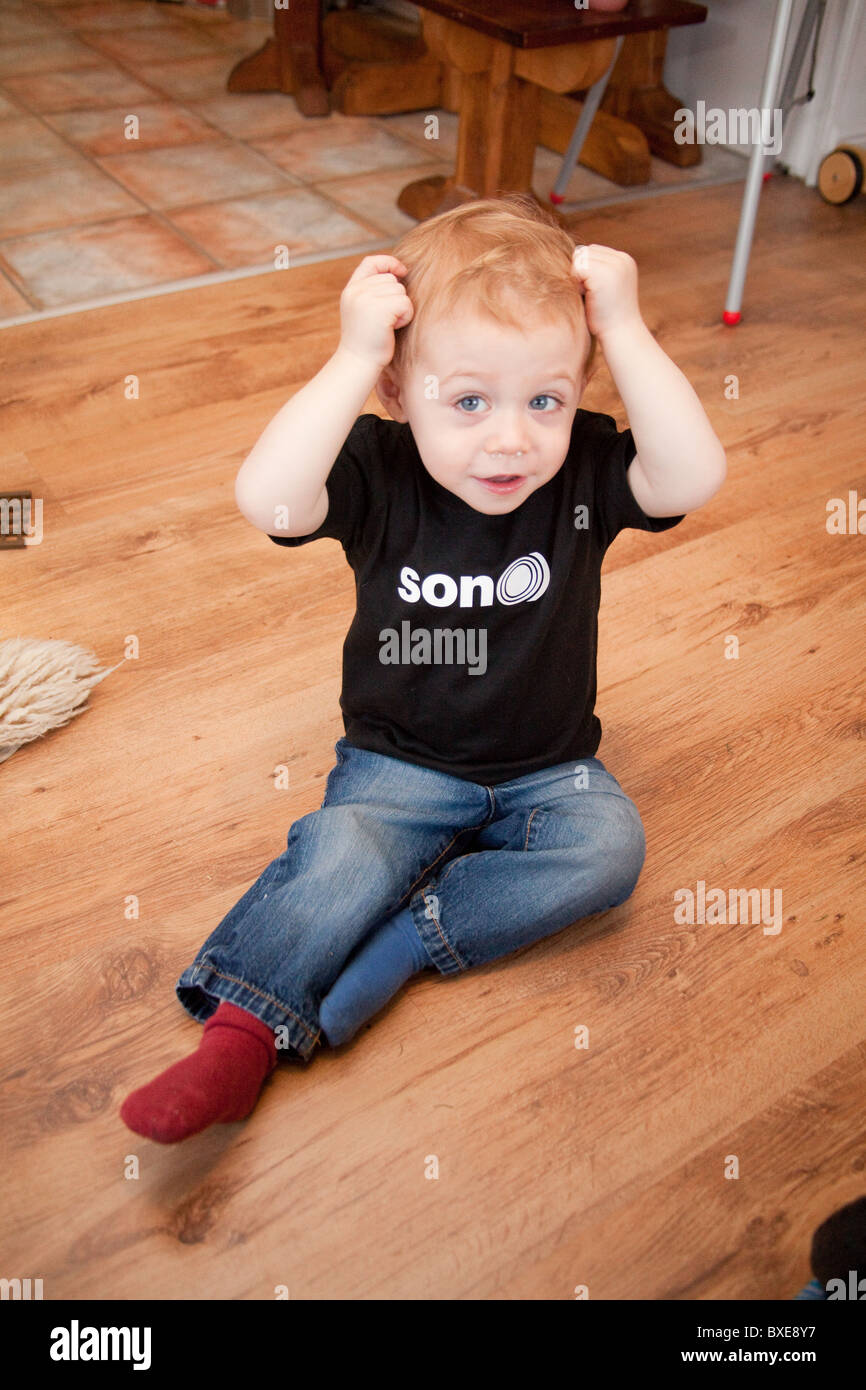 20 month old baby boy wearing a black t-shirt, Hampshire, England ...