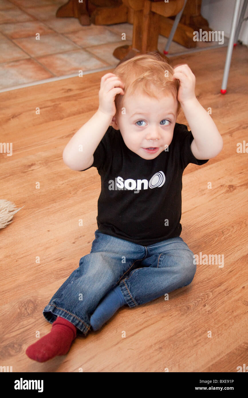 20 month old baby boy wearing a black t-shirt, Hampshire, England ...