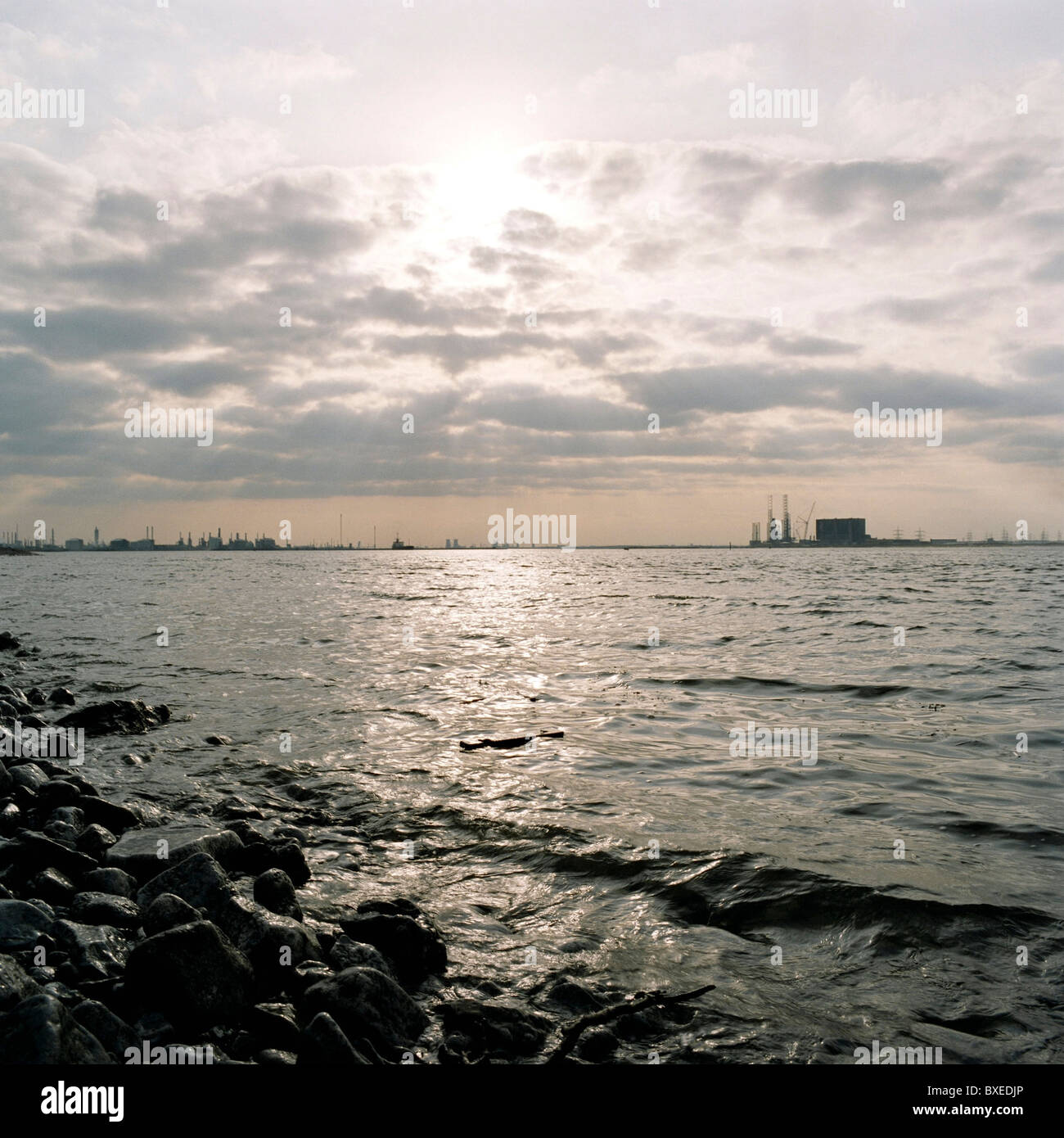 View across River Tees estuary from South Gare to Hartlepool oil ...