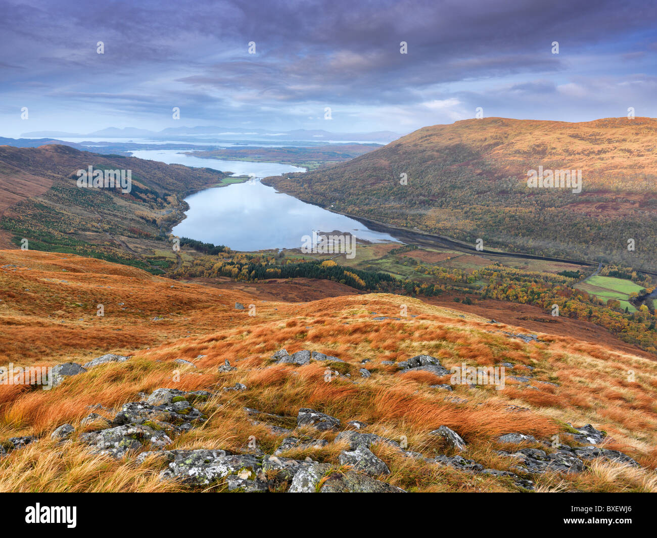 Daybreak on Loch Creran and the distant Isle of Mull from the slopes of ...