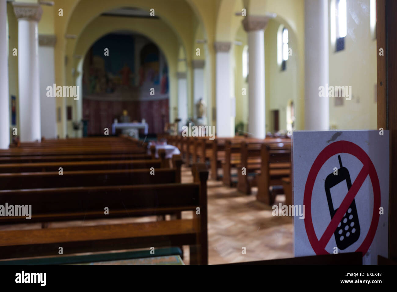 No mobile phones sign and interior of the 1930s built St. Lawrence's ...
