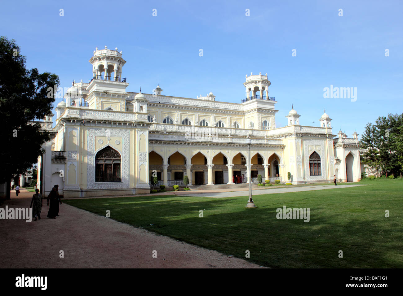 Landscape view of the Chowmahalla Palace Hyderabad India showing stucco ...
