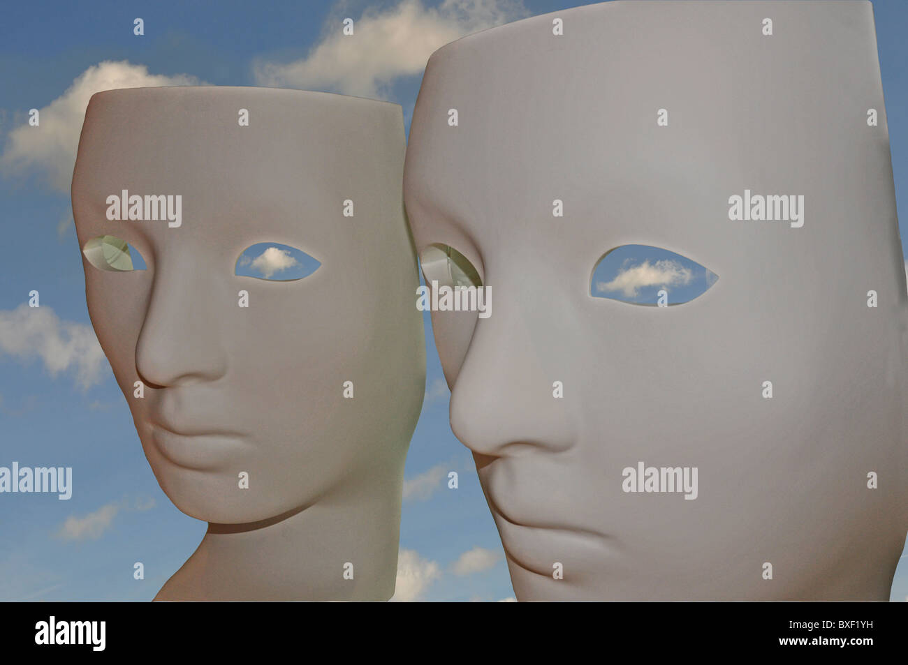 Imaginary image of face masks against a blue sky with clouds for eyes ...