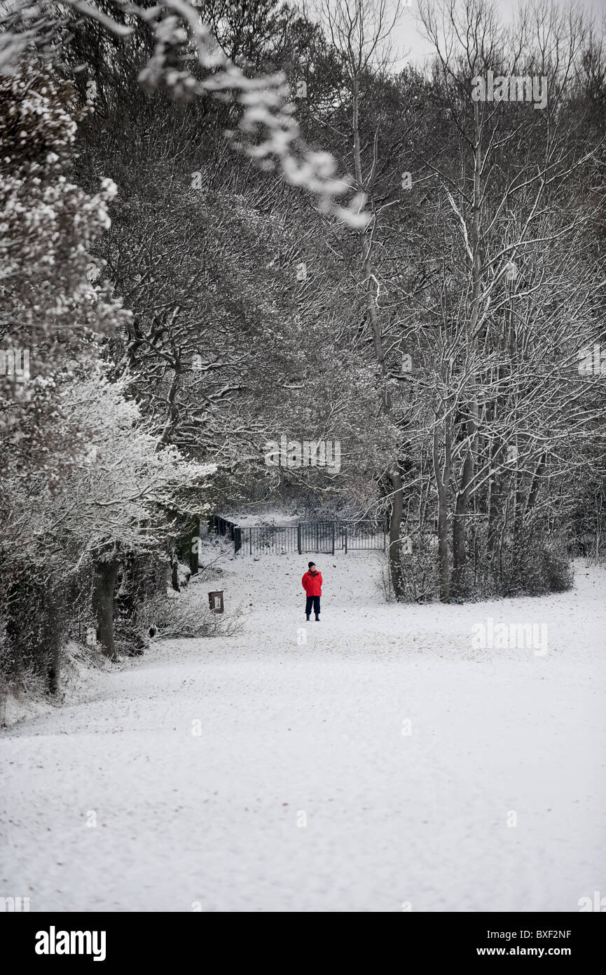 A man in a red jacket standing in snow Stock Photo - Alamy