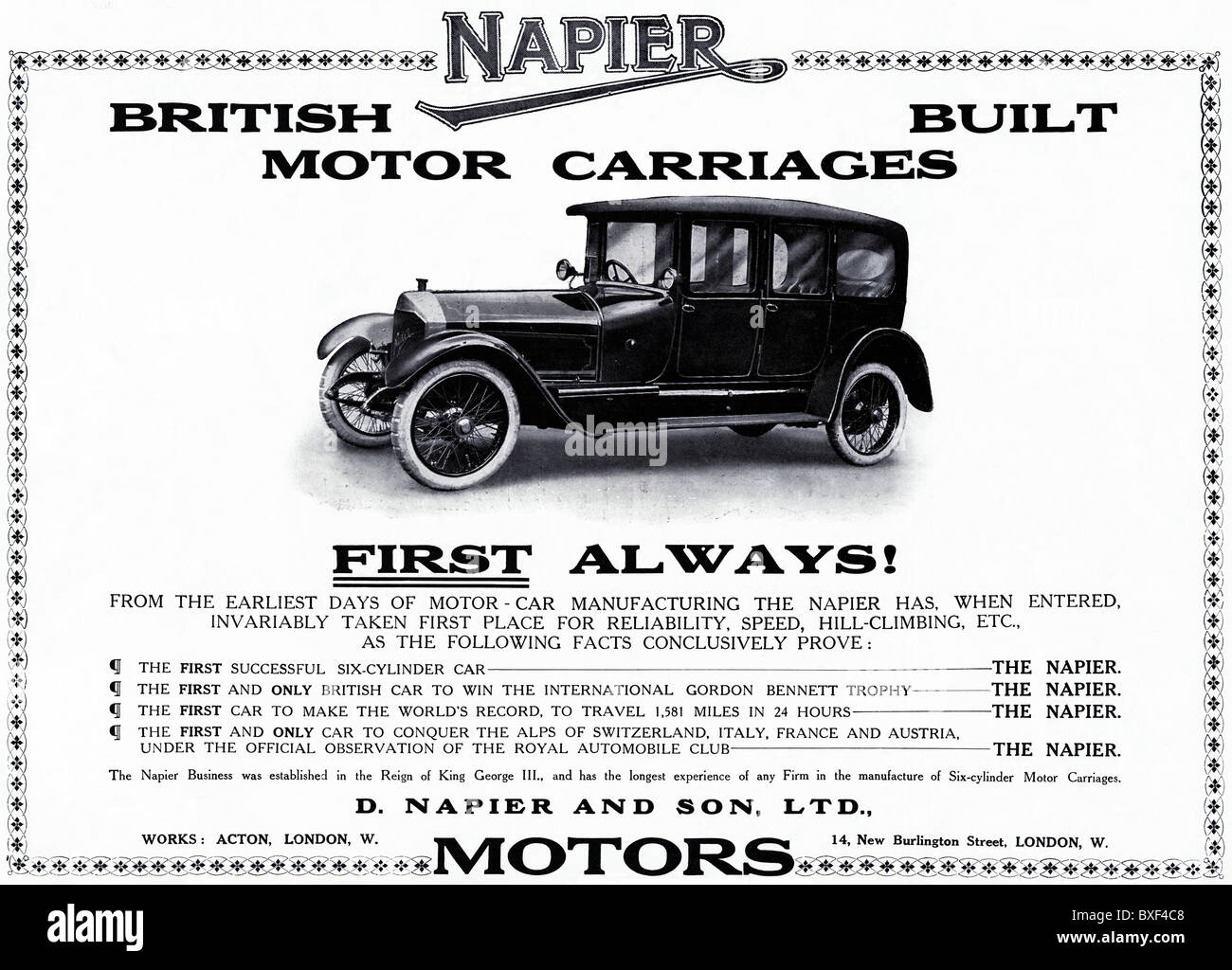 1916 advert for British built Napier motor carriages manufactured in ...
