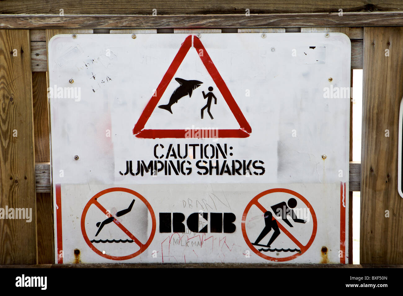 Caution Jumping Sharks sign Stock Photo - Alamy
