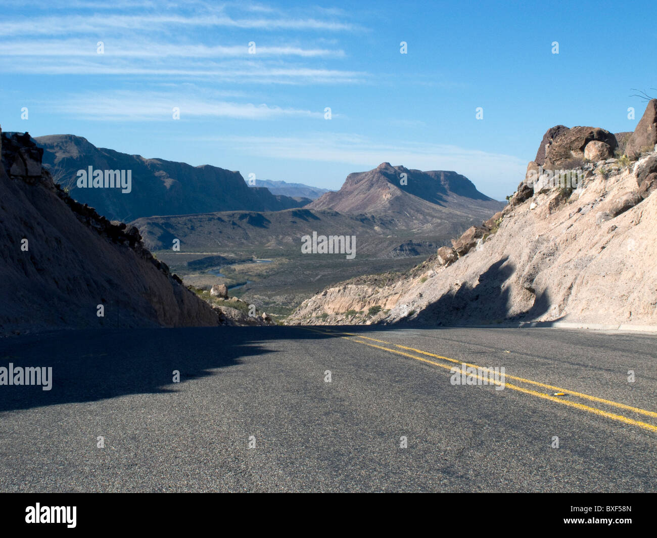 West Texas road cresting a hill near the Rio Grande between Terlingua ...