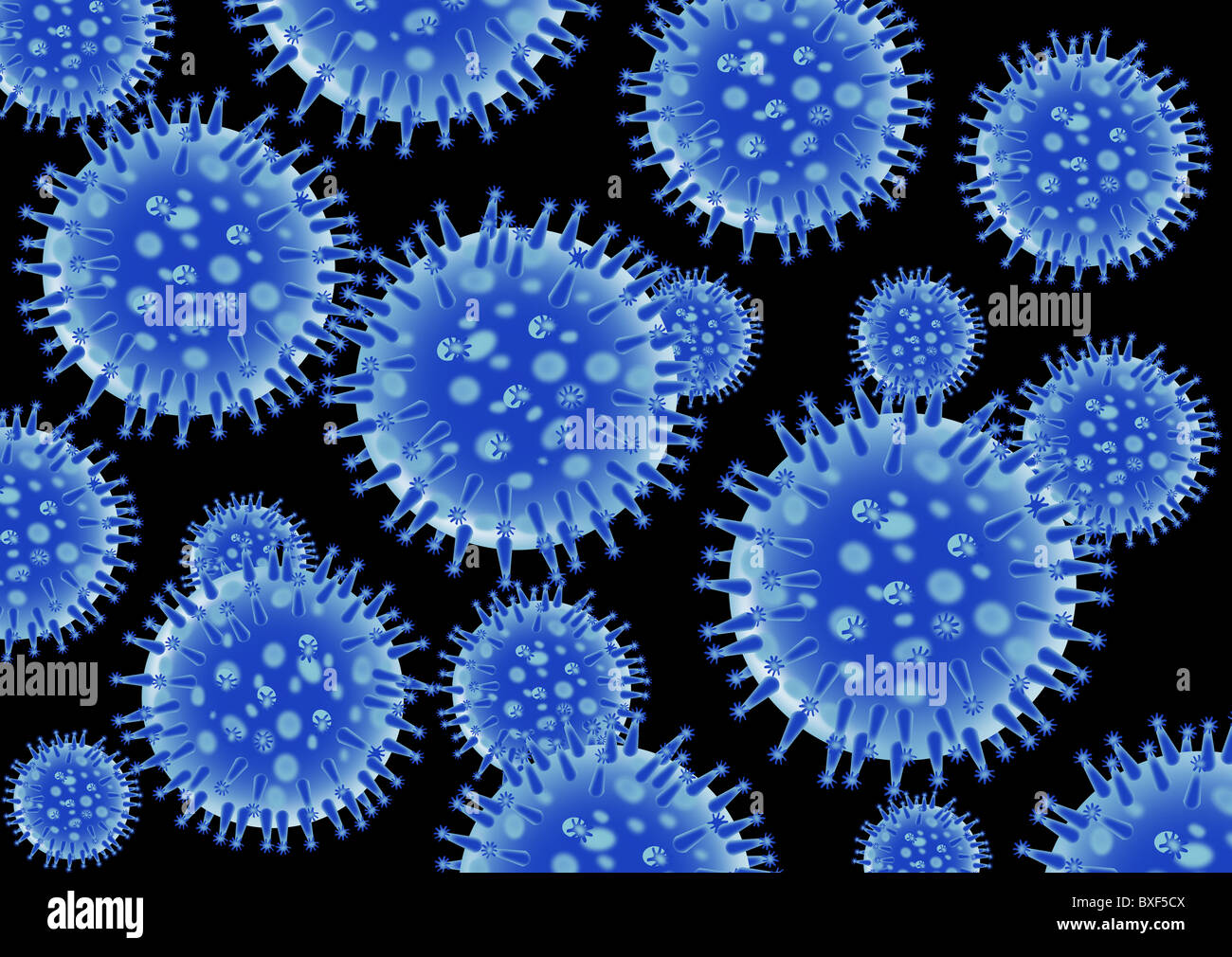 Illustration of numerous of blue flu virus structure isolated on black ...