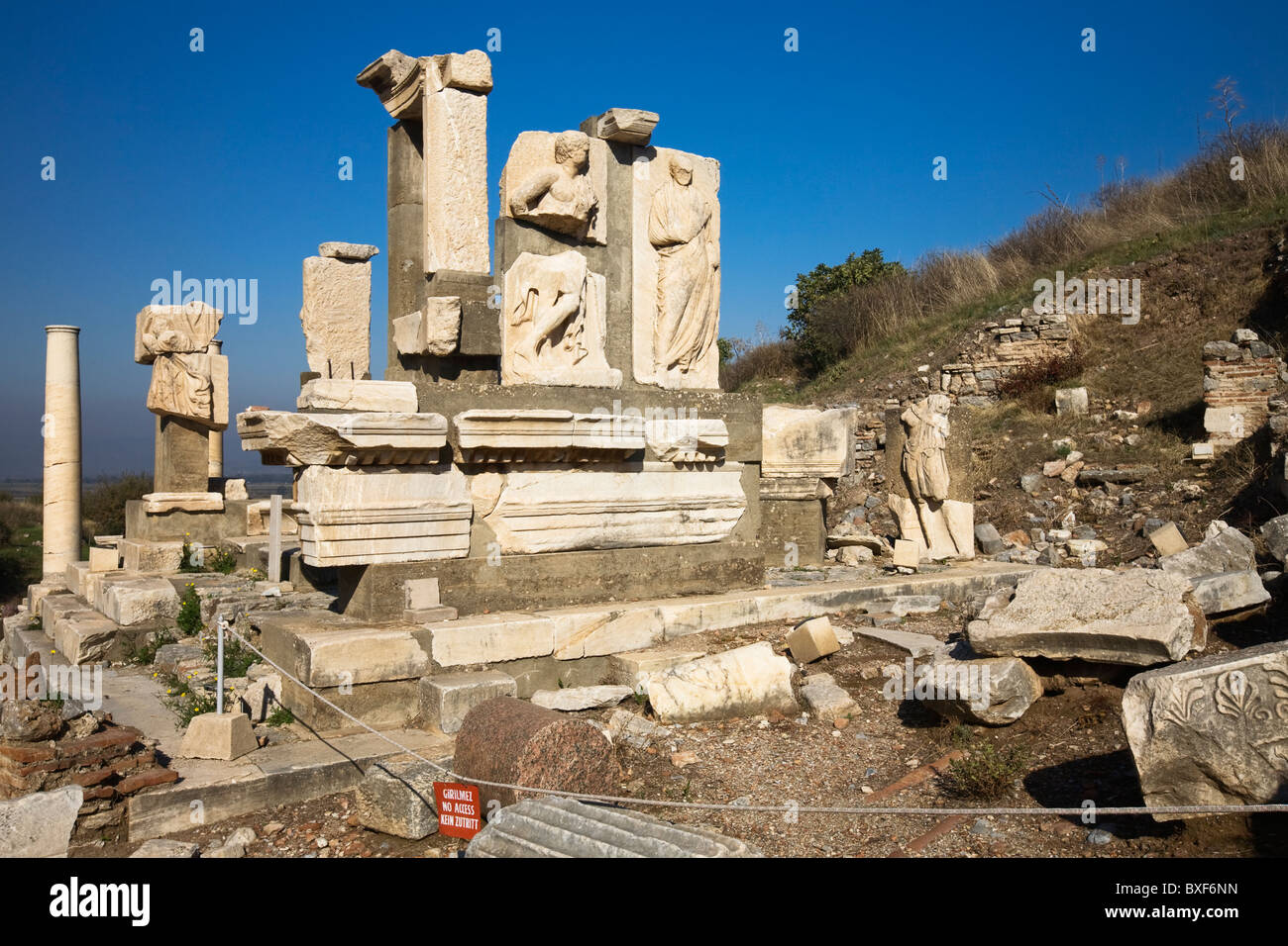 Ephesus, Turkey, sculptures and columns, barrier with sign No Access on ...