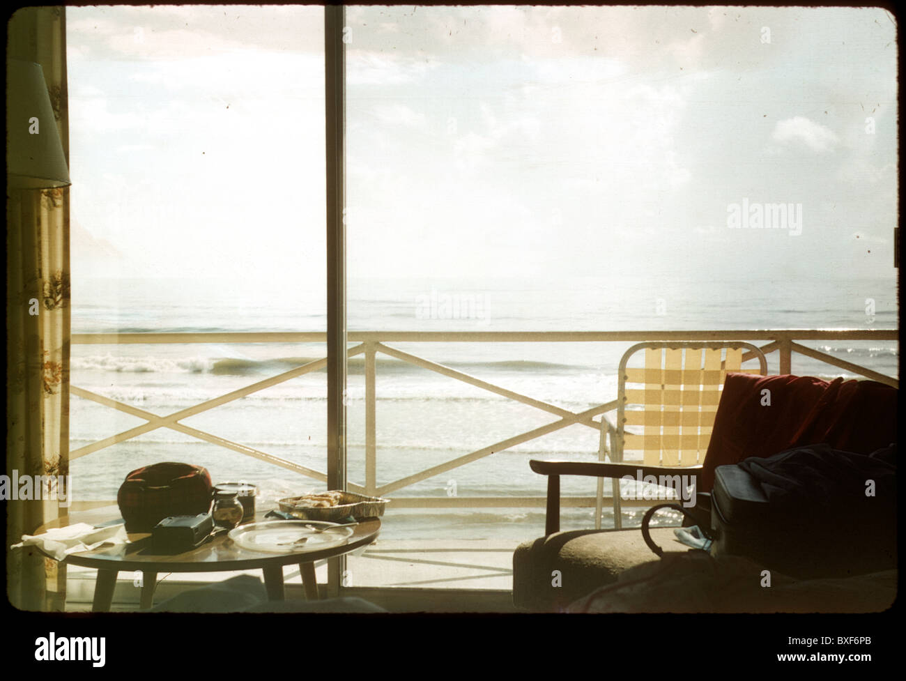 View of Atlantic Ocean from Motel window waves lawn chair beach 1950s ...