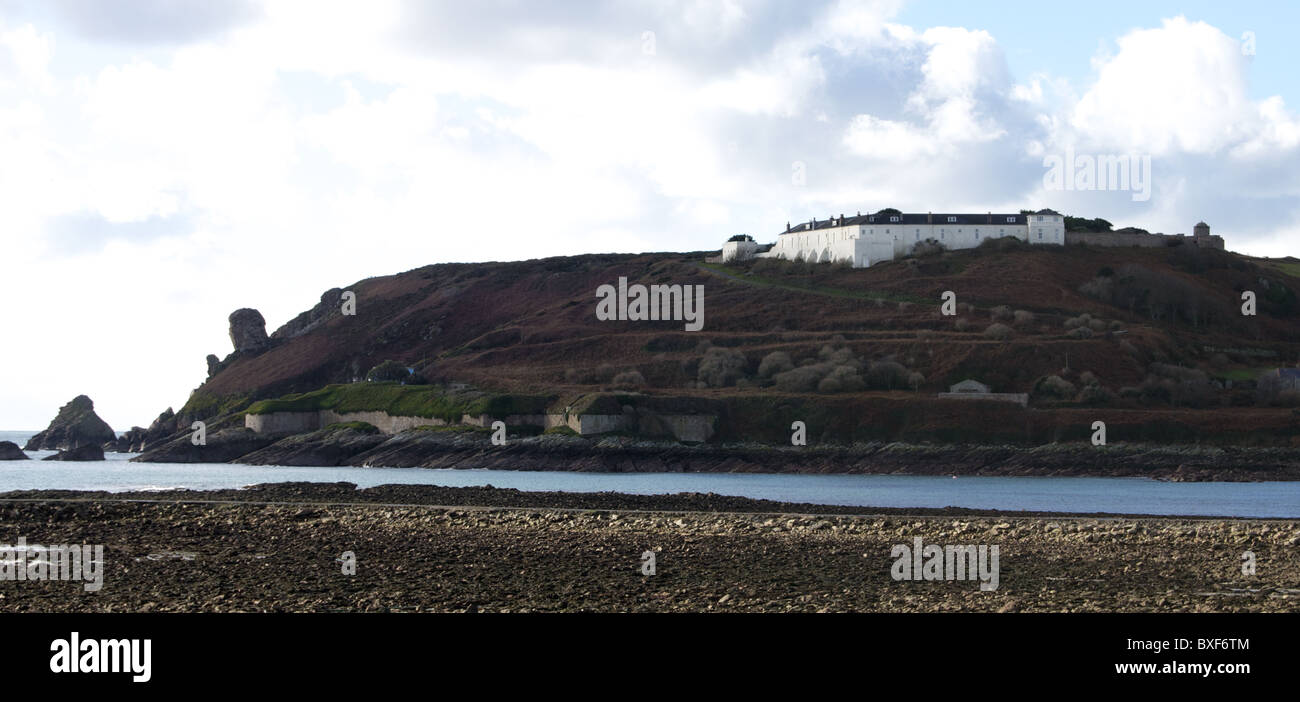 Essex Castle overlooking Longis Bay, Alderney, Channel Islands Stock ...