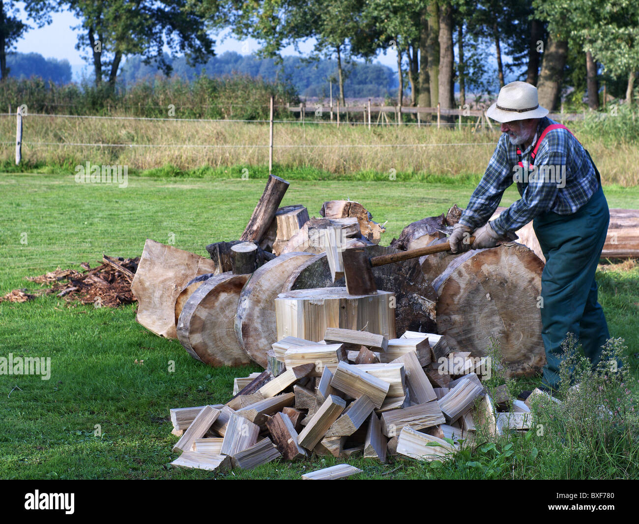 Man splitting firewood with an axe Stock Photo - Alamy