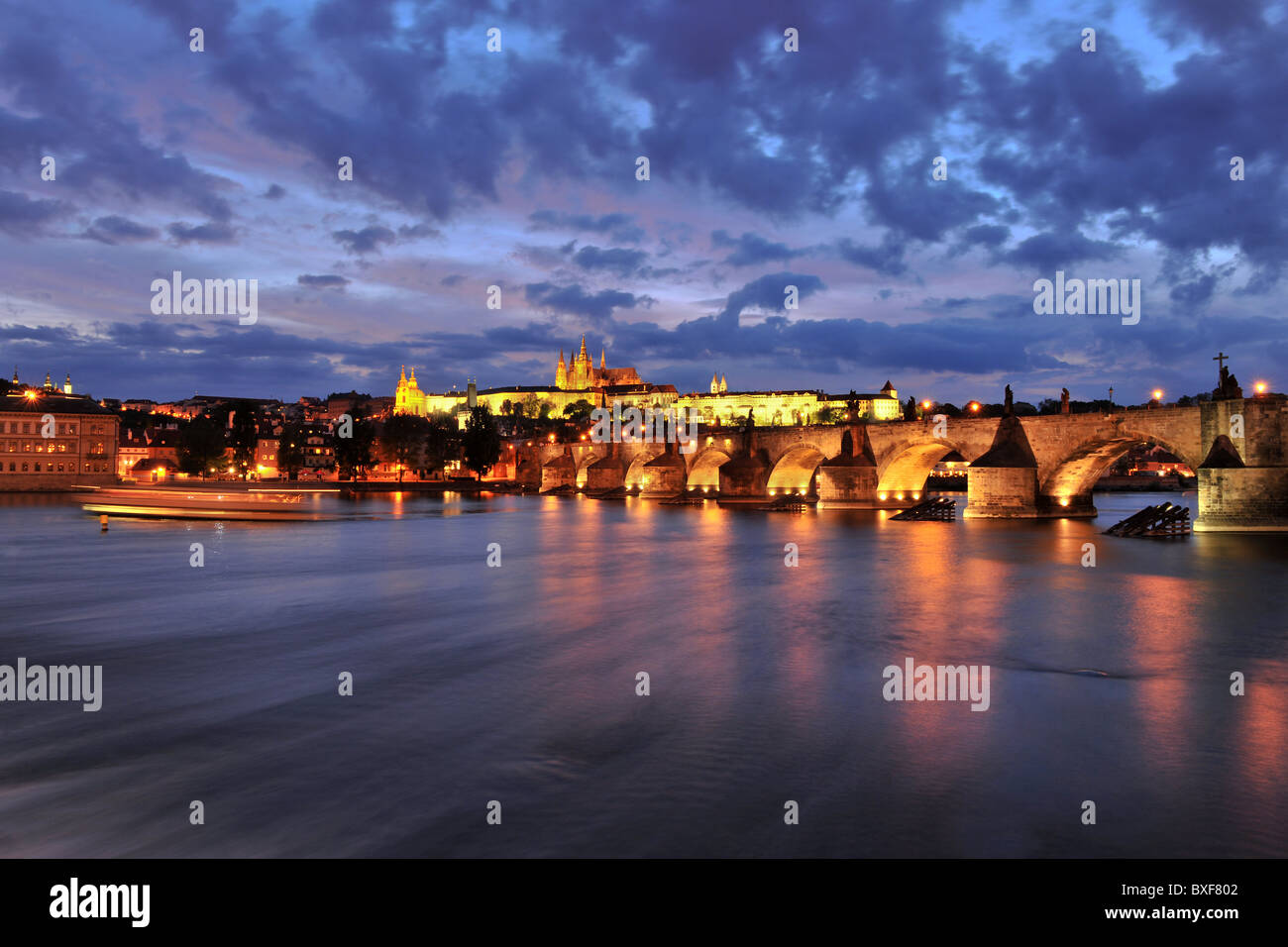 view from club lavka terace to charles bridge during dawn, prague ...