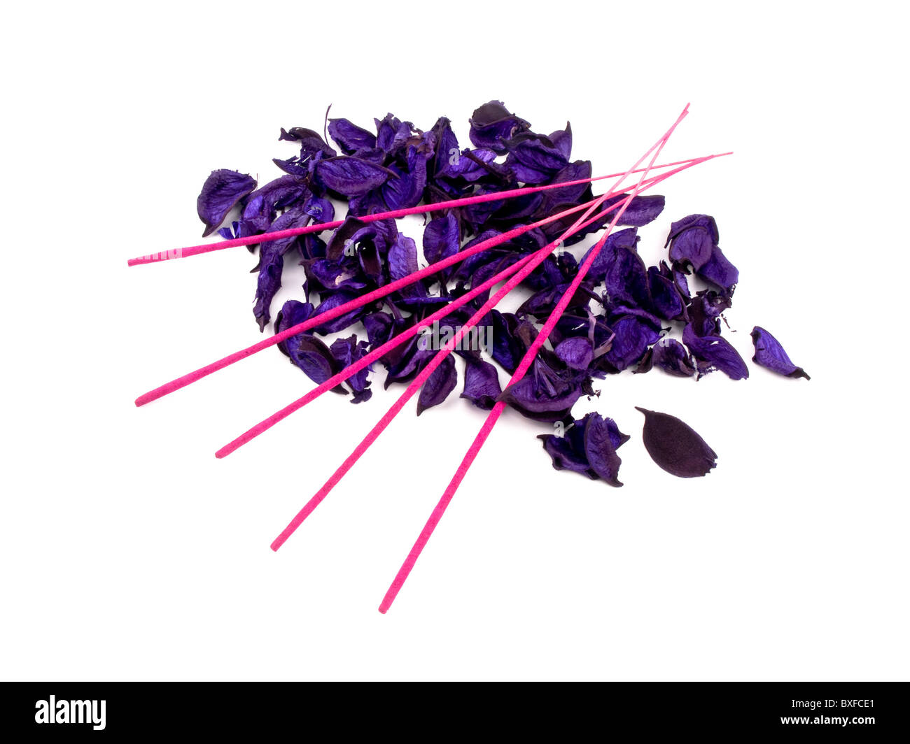 Aromatic purple potpourri and pink incenses on white background Stock ...