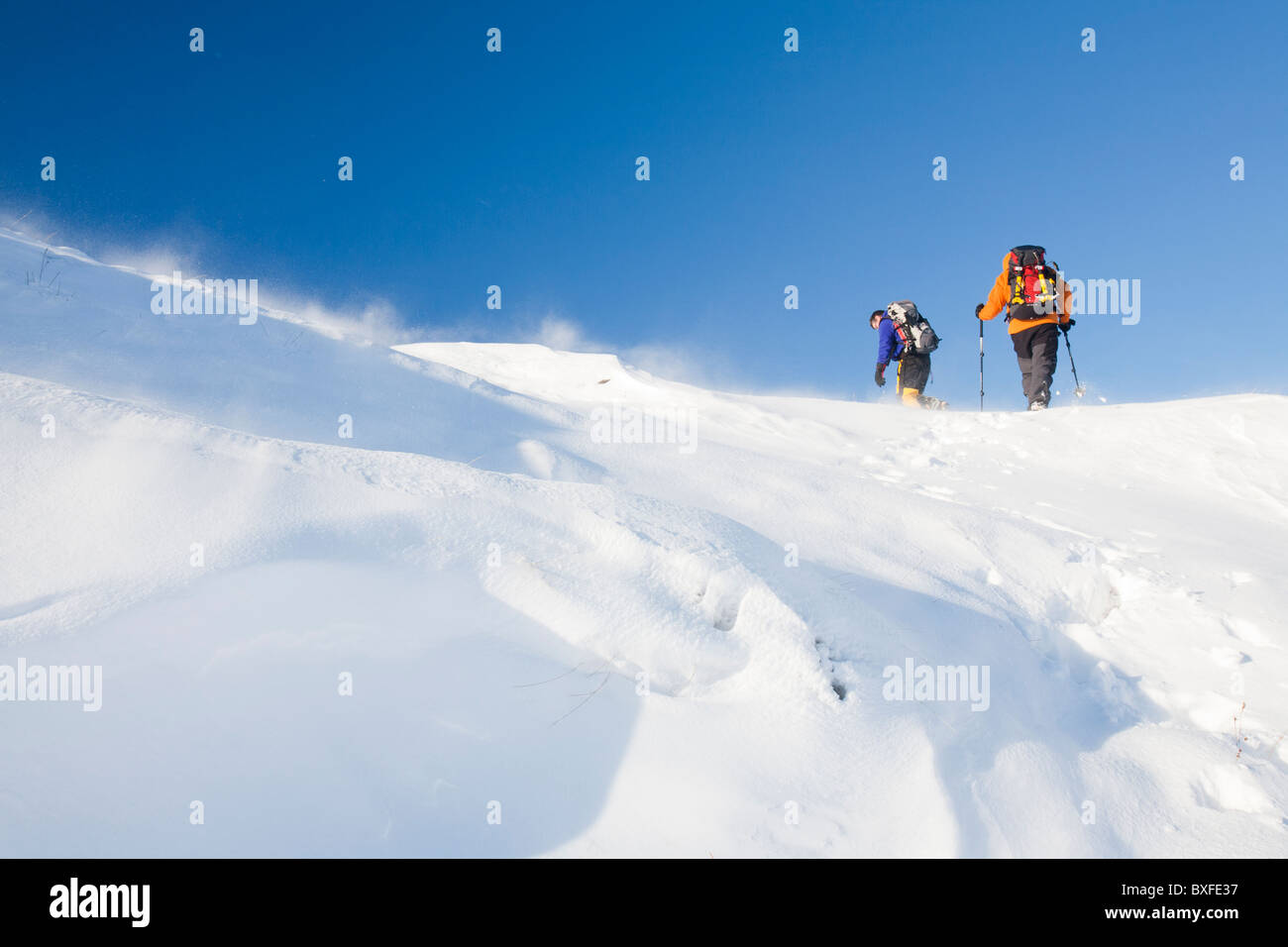 Climbers being blasted by spindrift during high winds moving snow above ...