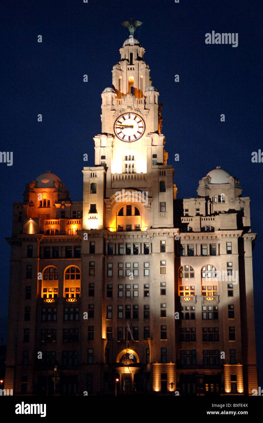 Liverpool Liver Building lit up at night Stock Photo - Alamy