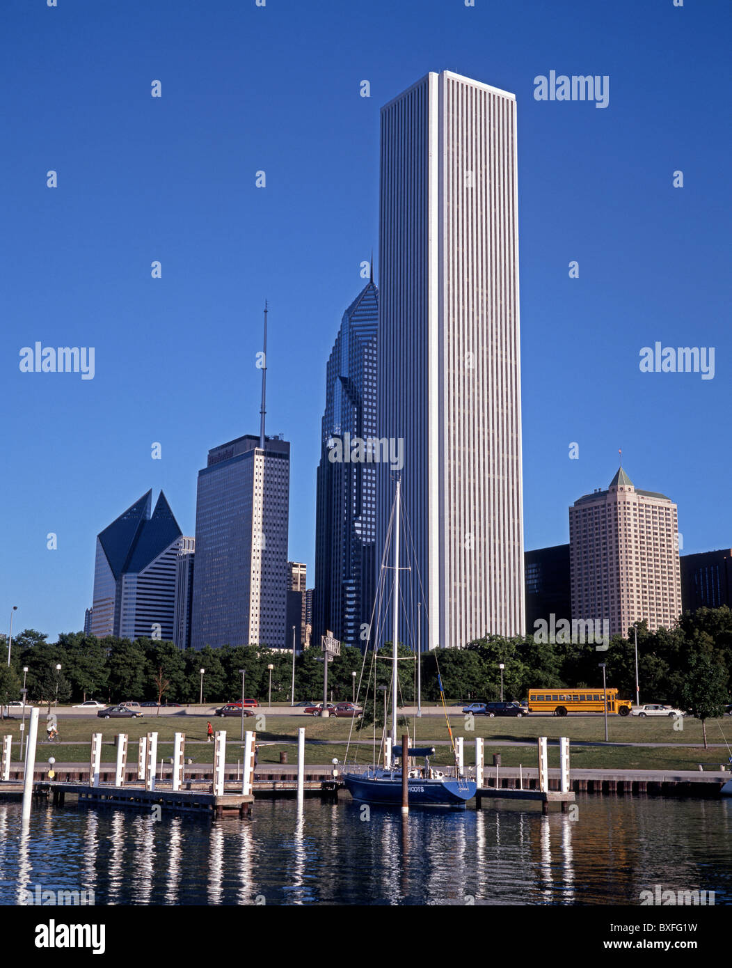 City centre buildings/tower blocks viewed from the harbourside, Chicago ...