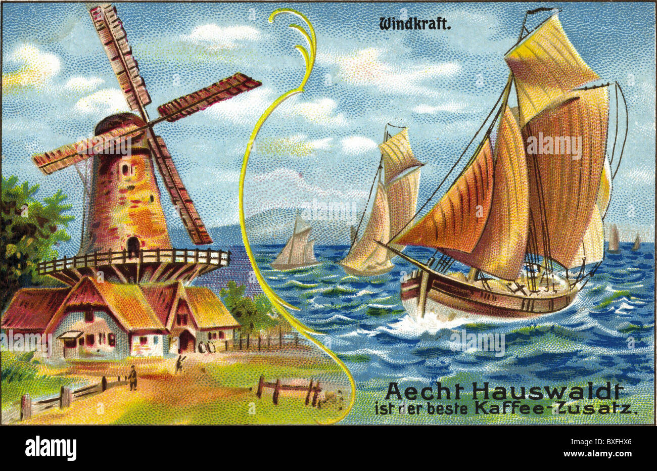 energy, wind energy, windmill and sailing boat, collection card of ...