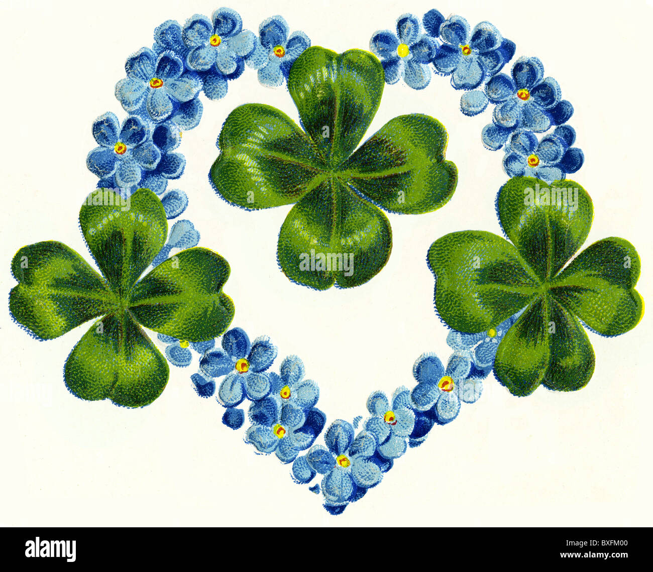 symbol / emblem / icon, heart with forget-me-not and four-leaf clover ...