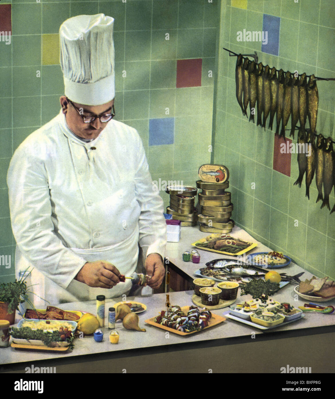 people, profession, cook, fish cook in kitchen, GDR, 1959, Additional ...