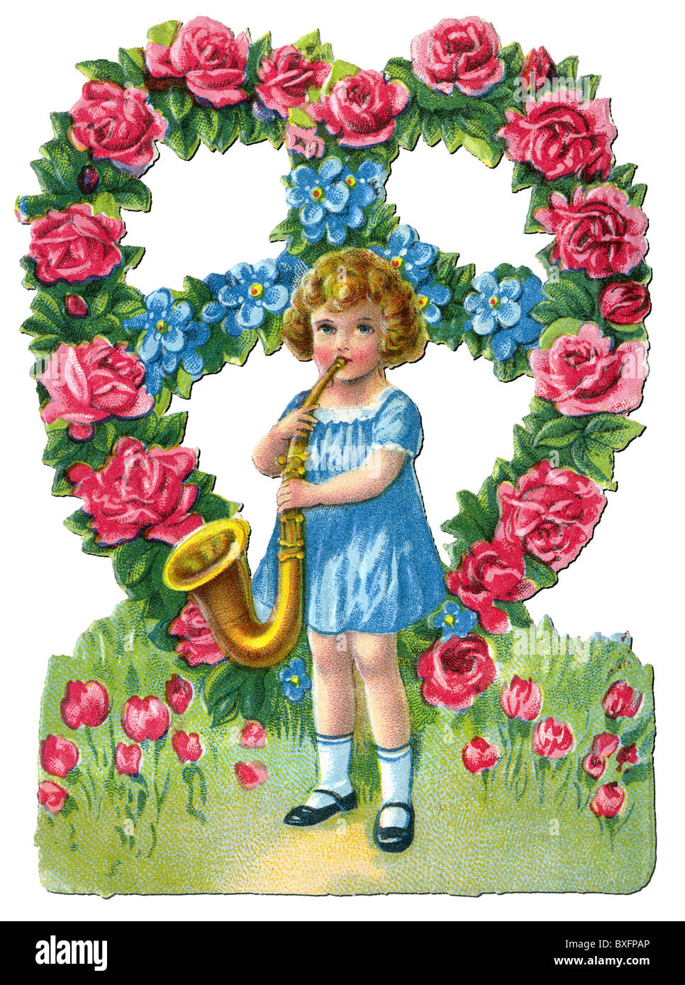 kitsch / souvenir, girl with brass instrument, lithograph, Germany ...