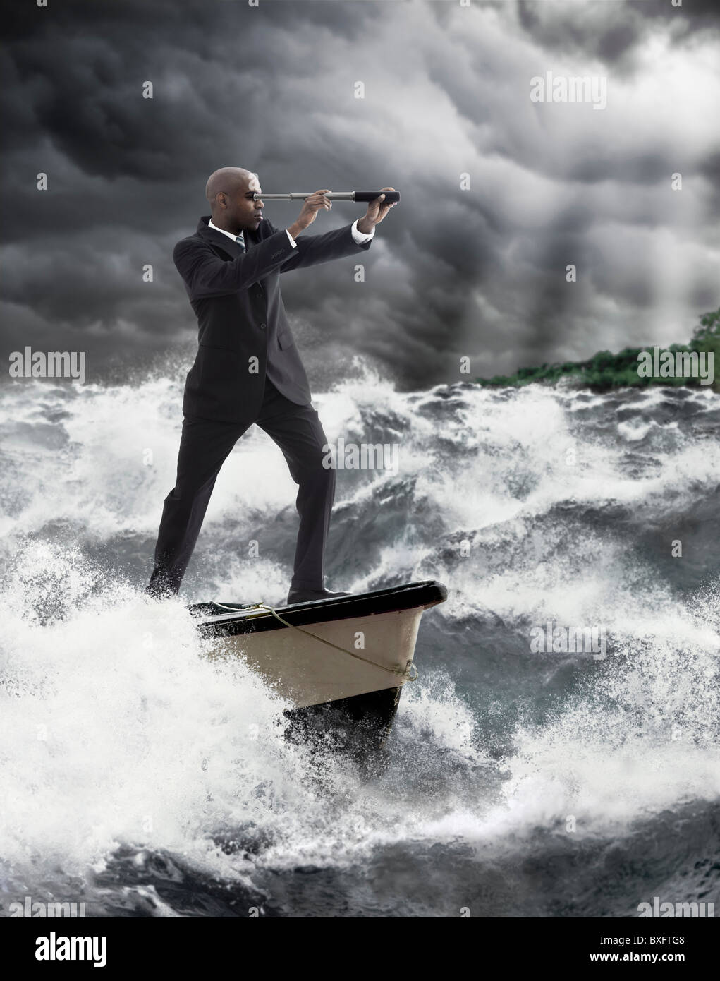 African American businessman using telescope on boat Stock Photo - Alamy