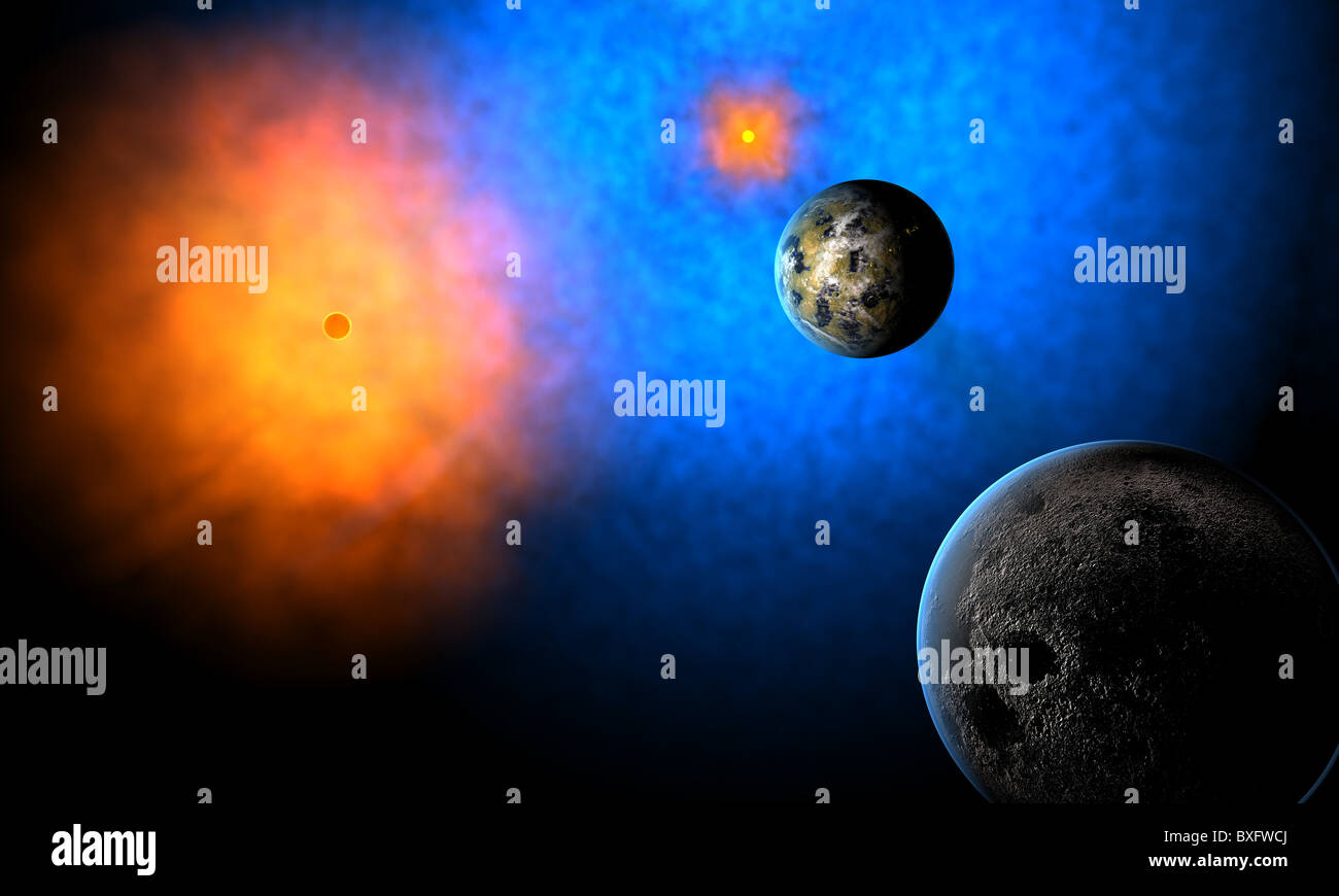 Strange planet of aliens in system of two suns Stock Photo - Alamy