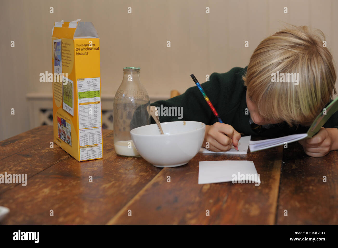 Fair-haired schoolboy doing his homework in the kitchen with a cereal ...