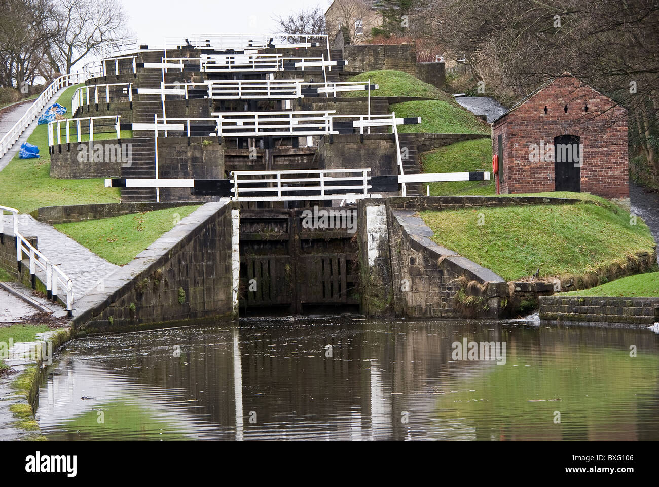 Bingley five rise locks on the Leeds and Liverpool Canal West Yorkshire ...