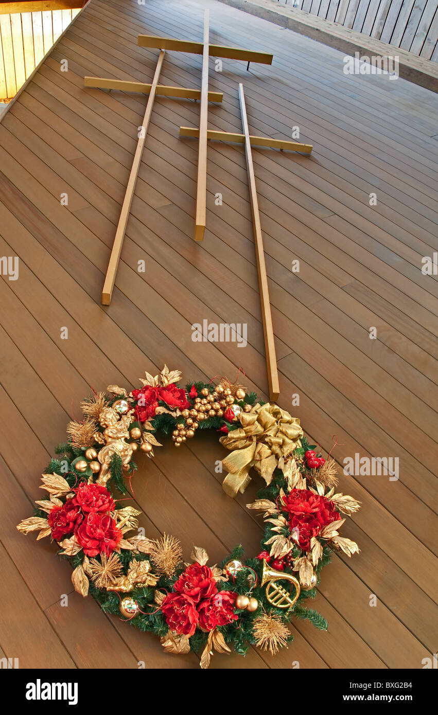 Three crosses with a view of looking up at the crosses from the foot of ...