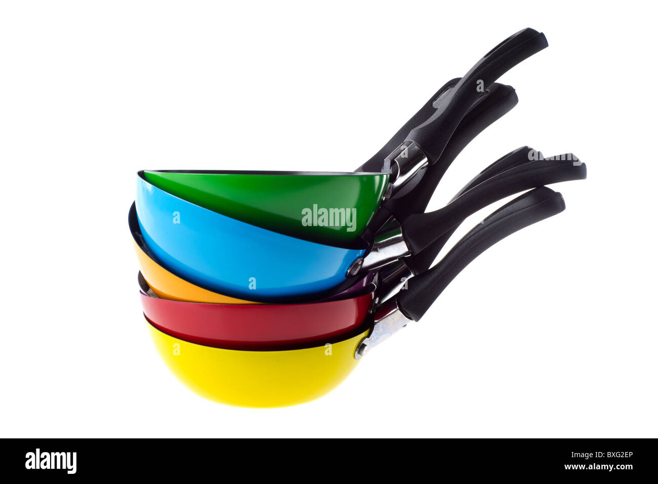 Many stacked colorful frying pans isolated over white Stock Photo - Alamy