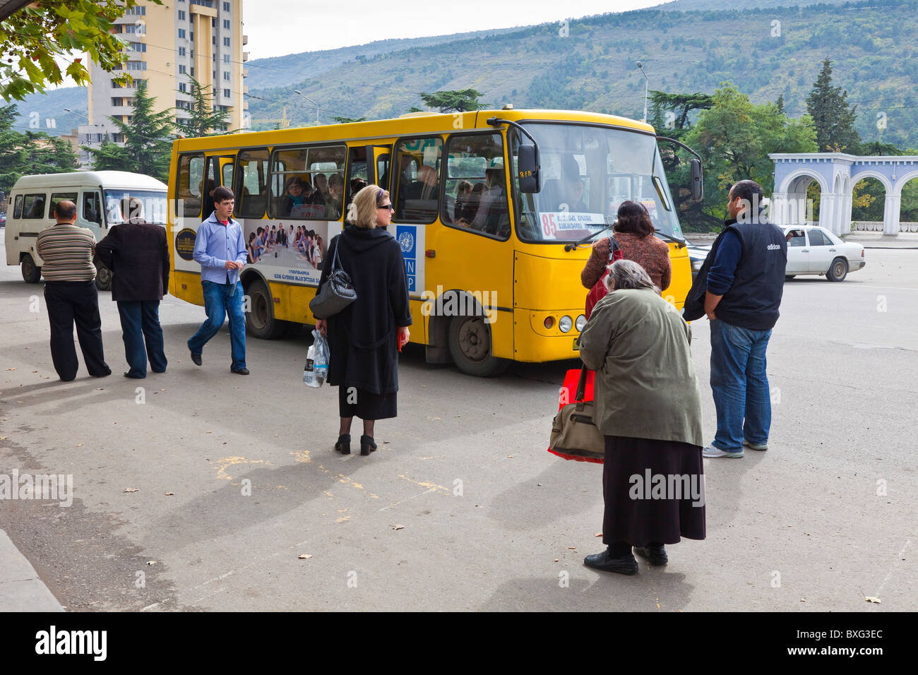 Georgian people waiting for a bus in Tbilisi, Georgia. JMH3964 Stock ...