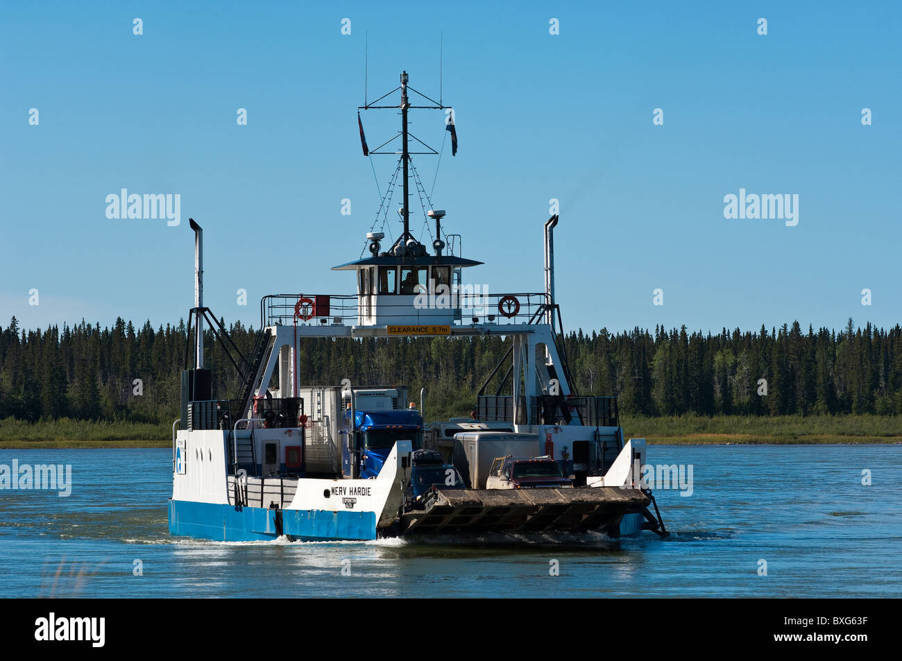 Northwest Territories, Canada. Vehicle ferry across the Mackenzie River ...