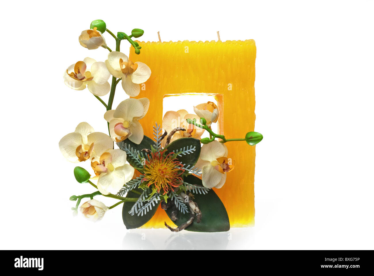 Large yellow candle with the flower decoration isolated on white ...